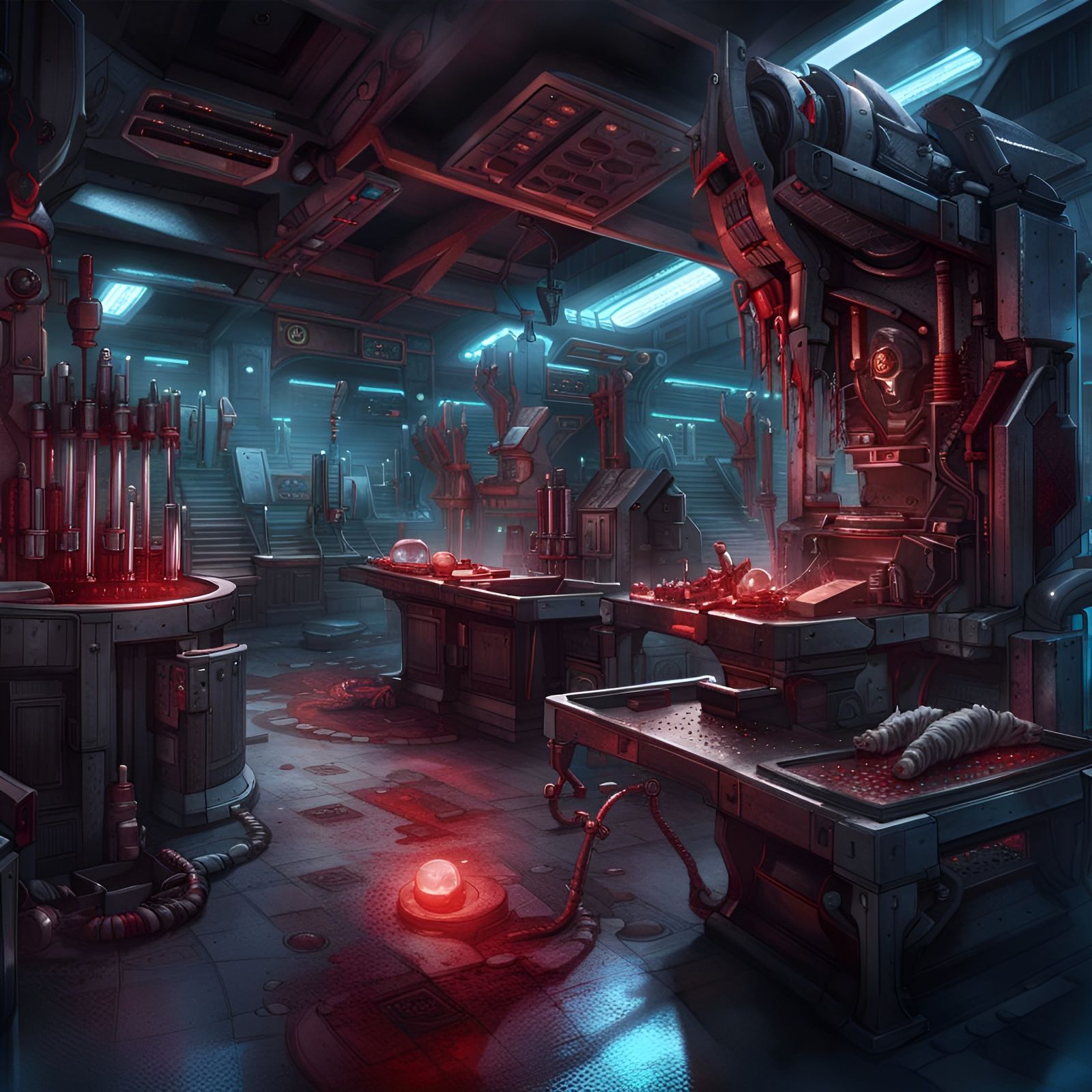 A sci-fi weapons laboratory. Flesh and blood of an ancient eldritch ...