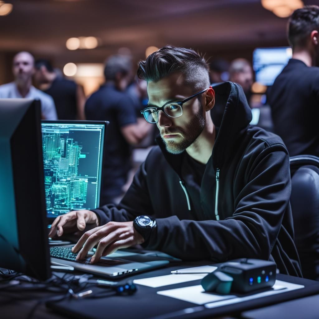 handsome hacker with glasses with his hands on the computer at the ...