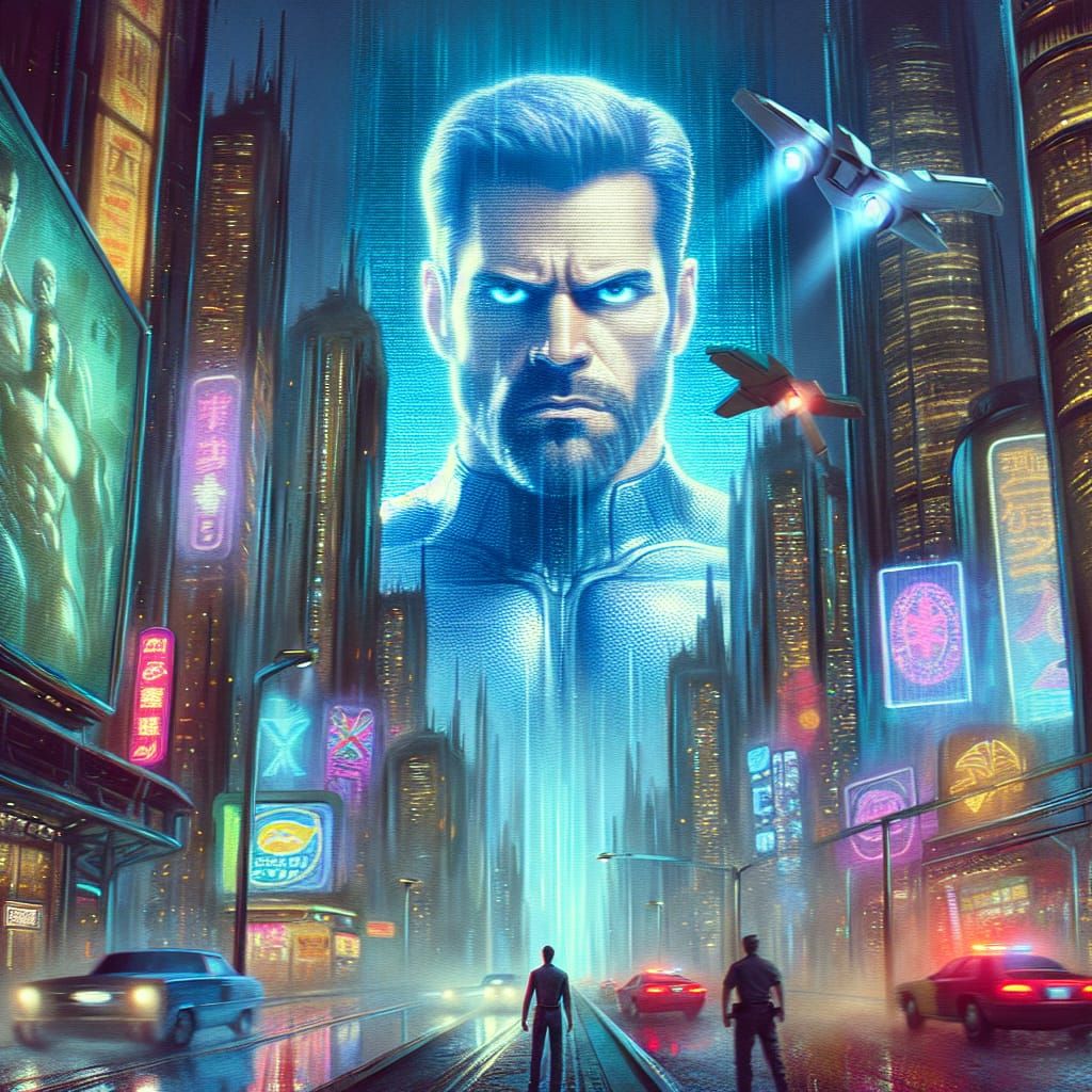 Schwarzenegger hologram projected onto a crime-ridden futuristic cityscape.