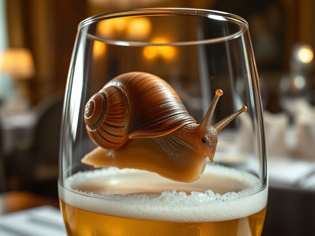 Snail 4 - Snail Emerges from Golden Beer Foam in Elegant Re...
