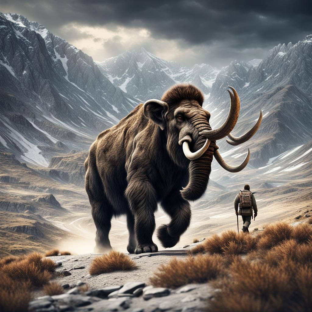 Prehistoric man going for hunt, mammoth , 2d view, long terrain - AI ...