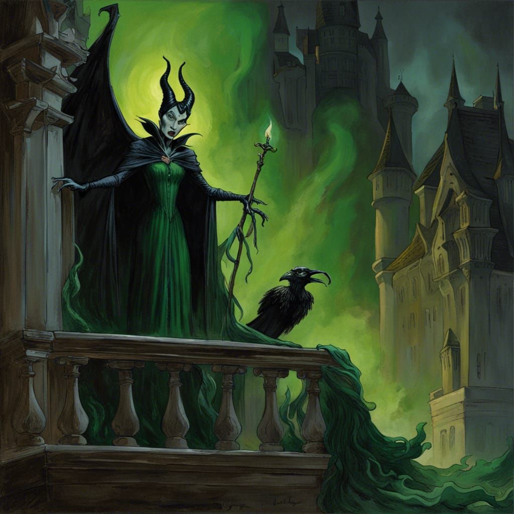 Maleficent standing on the balcony of her castle casting a curse. Green ...