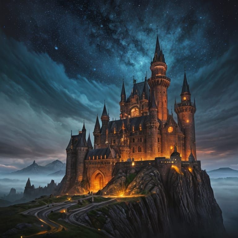 Medieval Castle Under a Vibrant Red Cosmic Sky - AI Art