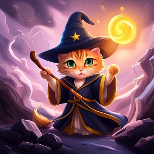 the shot of an adorable chibi wizard cat making a spell, gorgeous eyes ...