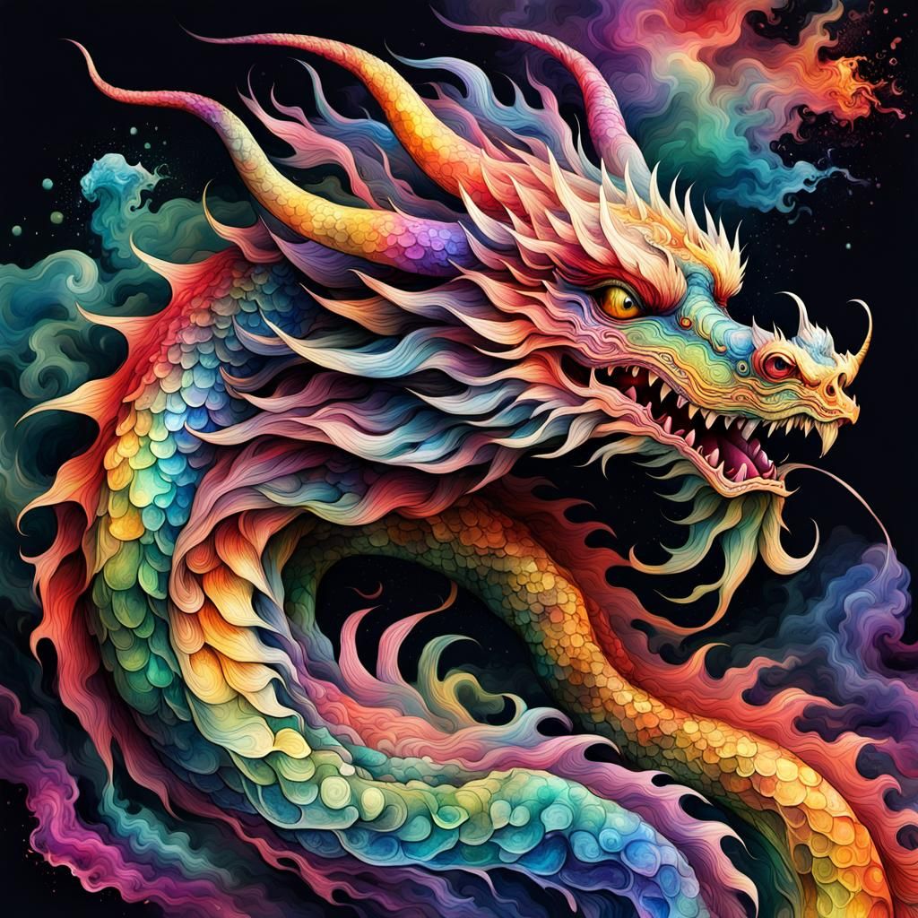Rainbow Chinese Dragon - Vibrant Chinese Dragon in Watercolo...