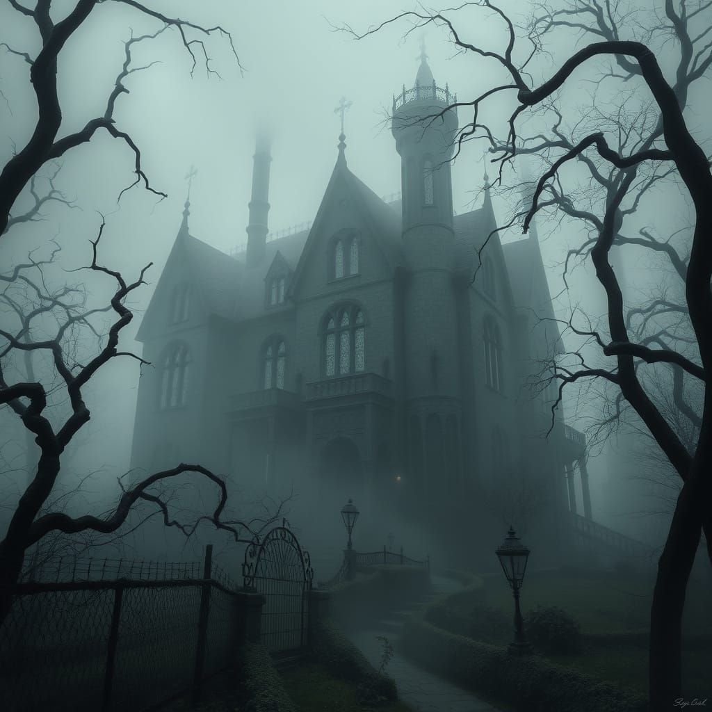 horror mansion with thick mysterious fog and scary features
