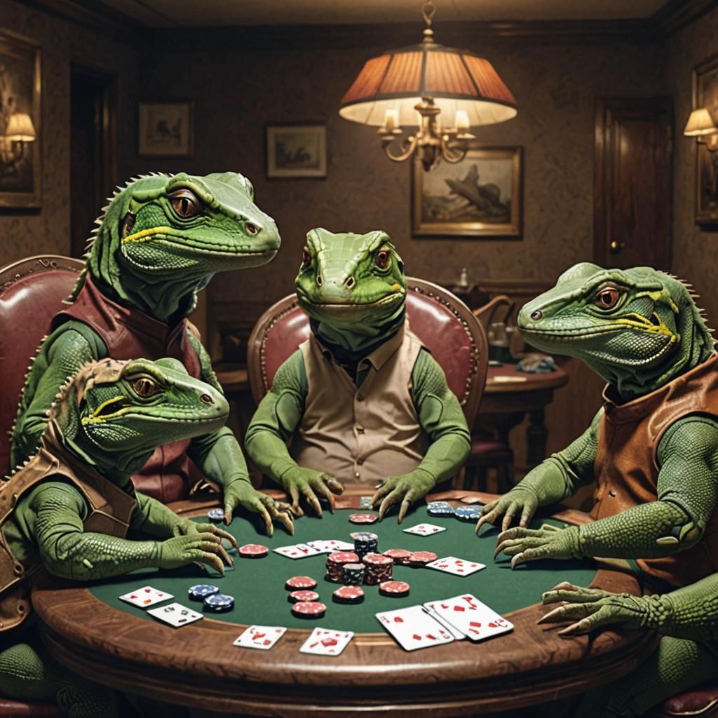 Lizzards sitting around a table playing poker. - AI Generated Artwork ...
