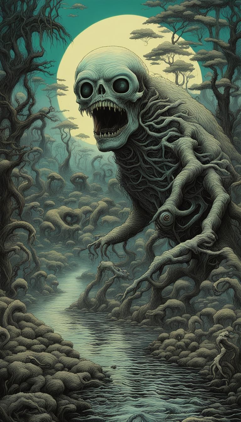 Surreal Horror Conneck in Exotic Jungle with Biolu... - AI Art