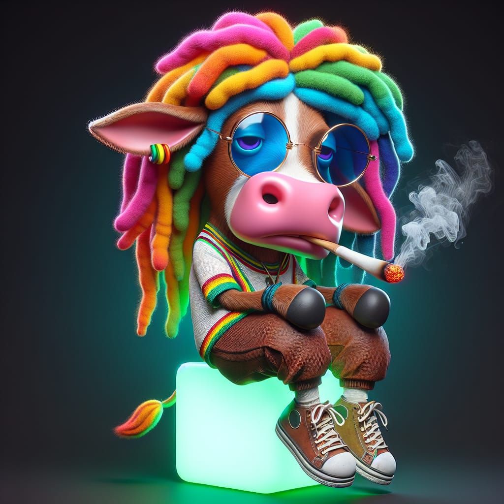 Colorful Rasta Cow Relaxing in Neon Cubes - AI Art