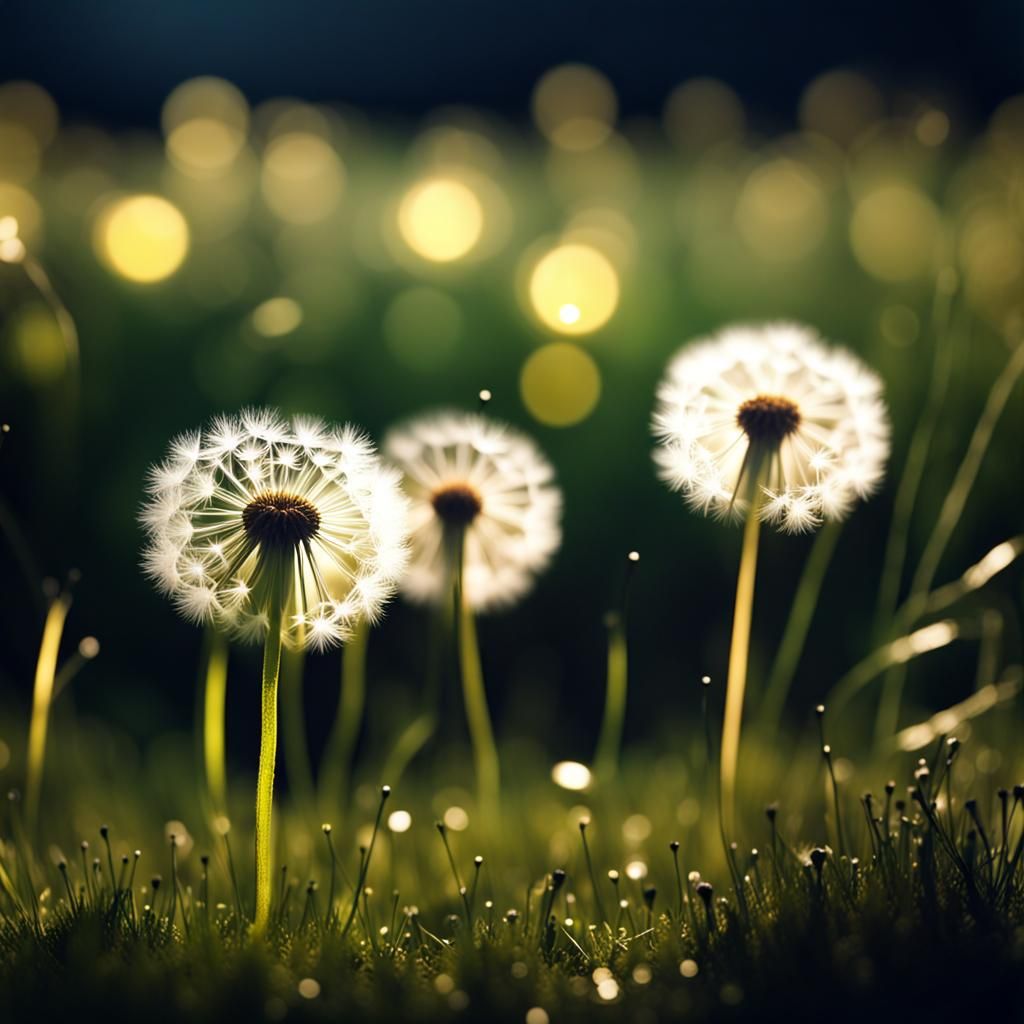 Photograph, Macro, dandelions on meadow, depth of field, particles, 3d diorama, super natural ...