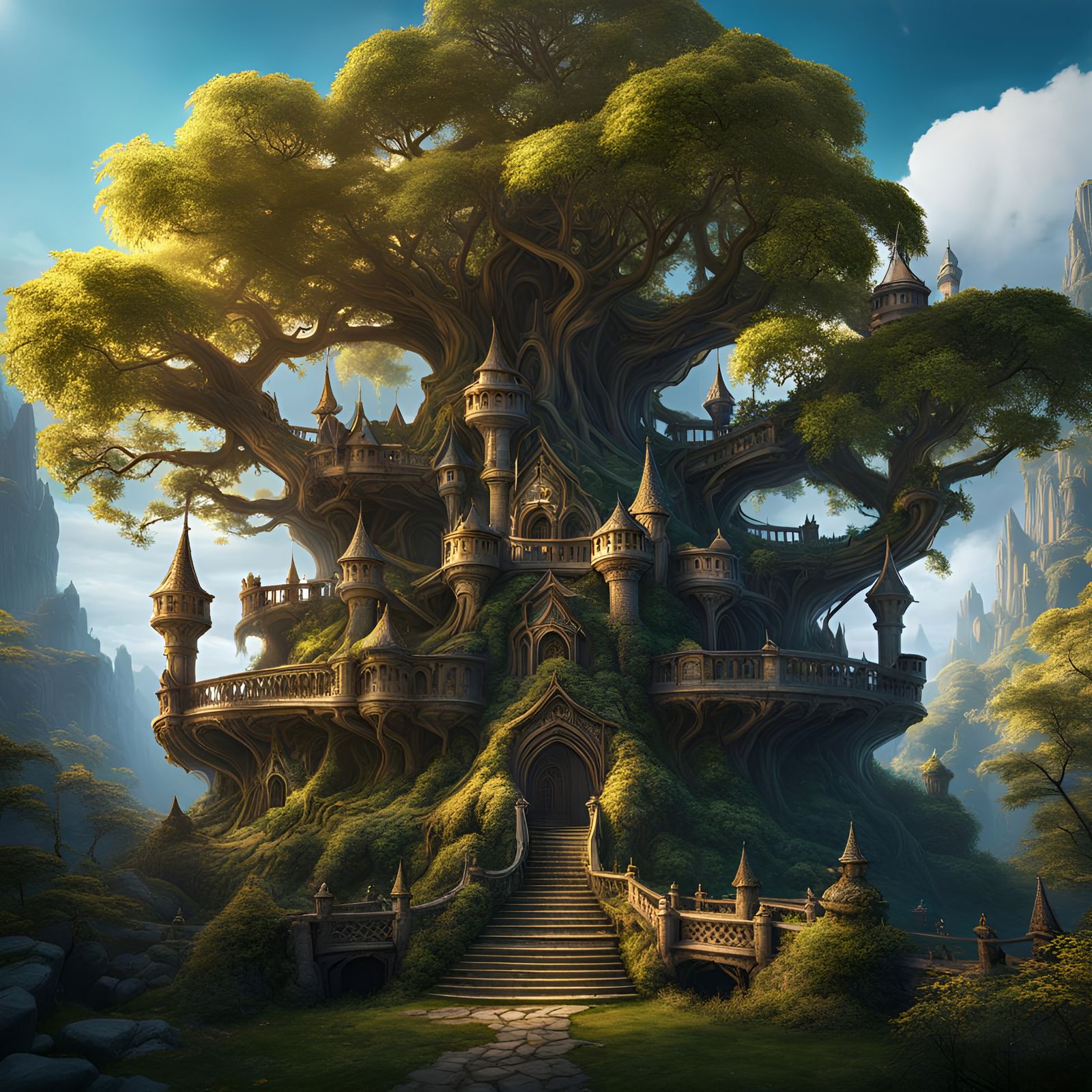 Spiraling tree castle haven - AI Generated Artwork - NightCafe Creator