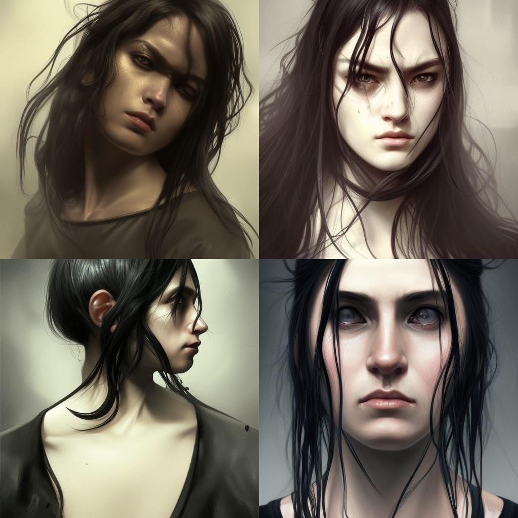 Black, greasy hair clumsily hangs over a strong, menacing face. Heavy ...