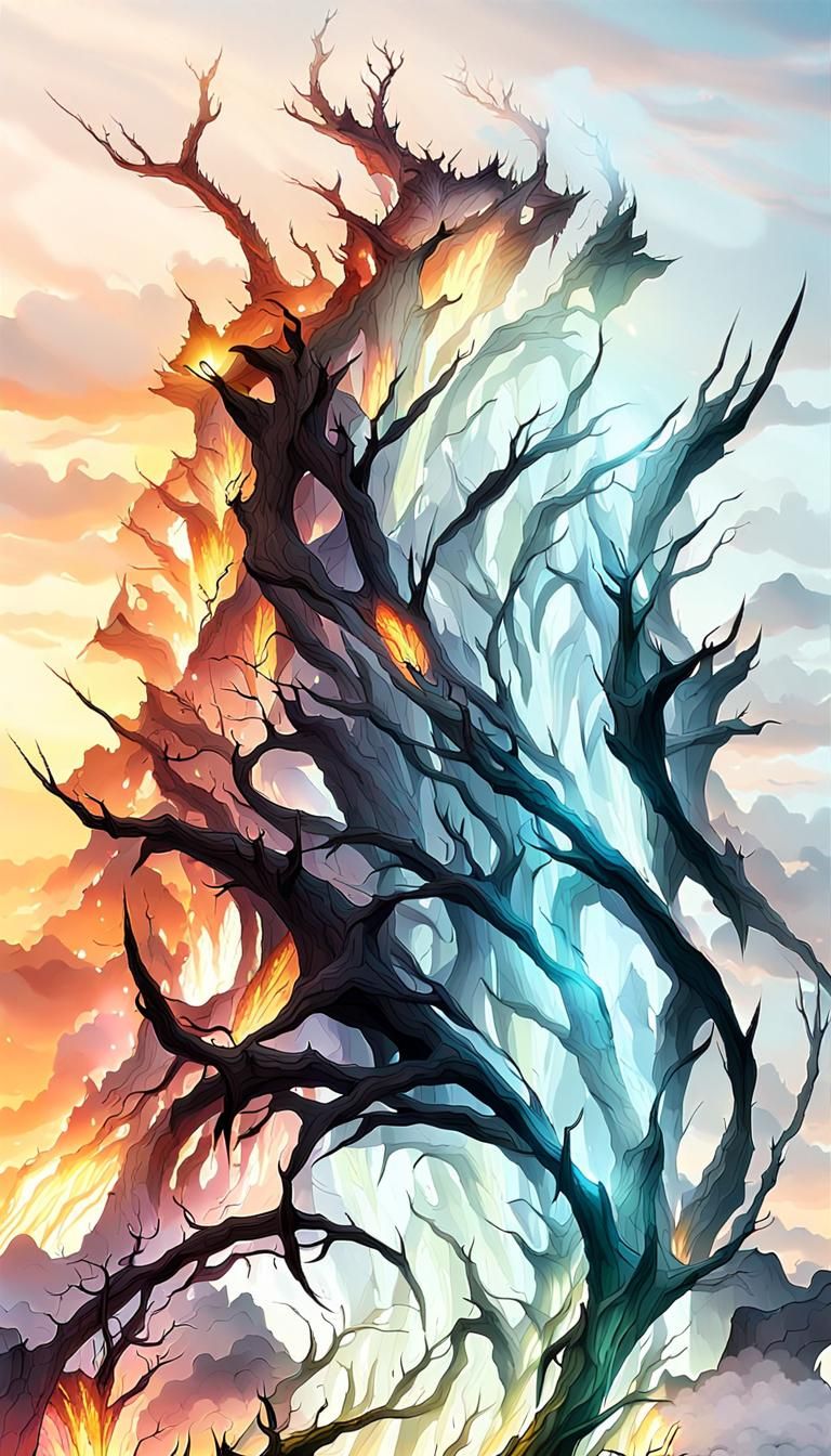 A glowing molten crystal cliff side, overlooking a ethereal sunset ...