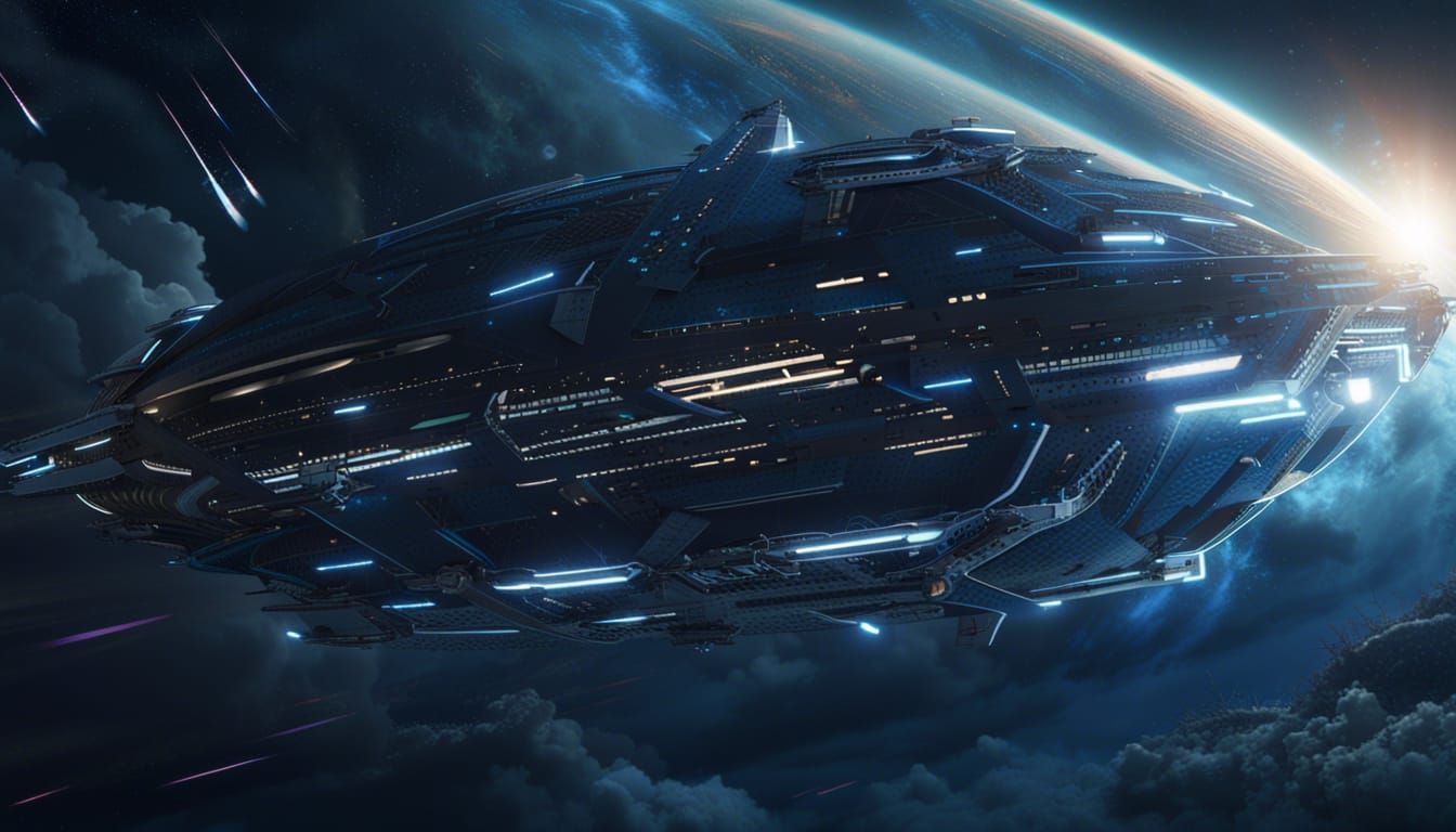 An alien starship traveling across the vastness of the cosmos to a ...