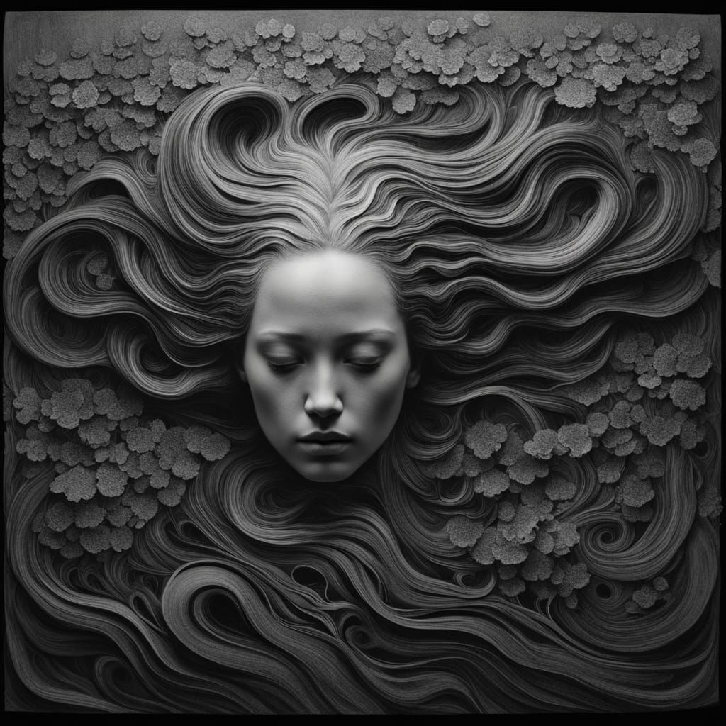 A surreal, intricate, grayscale image of a sleeping woman with flowing ...