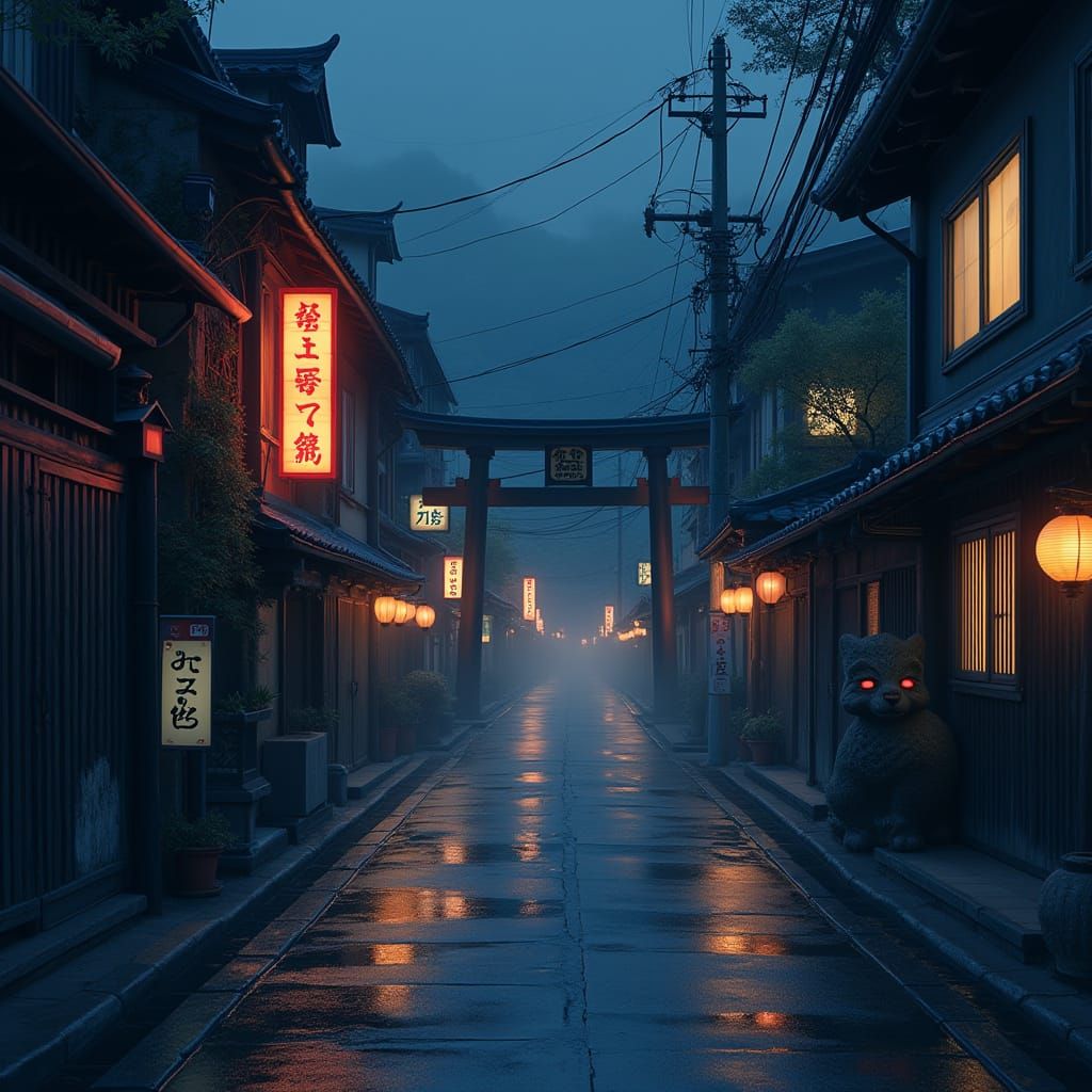 Ethereal Japanese Nightscapes in Traditional Folkl... - AI Art