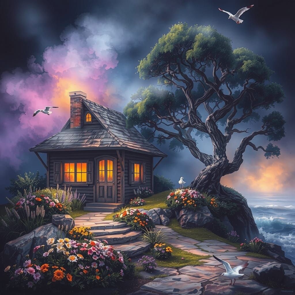 Old Surf Shack #5 - Moonlit Surf Shack Amidst Coastal Bloom