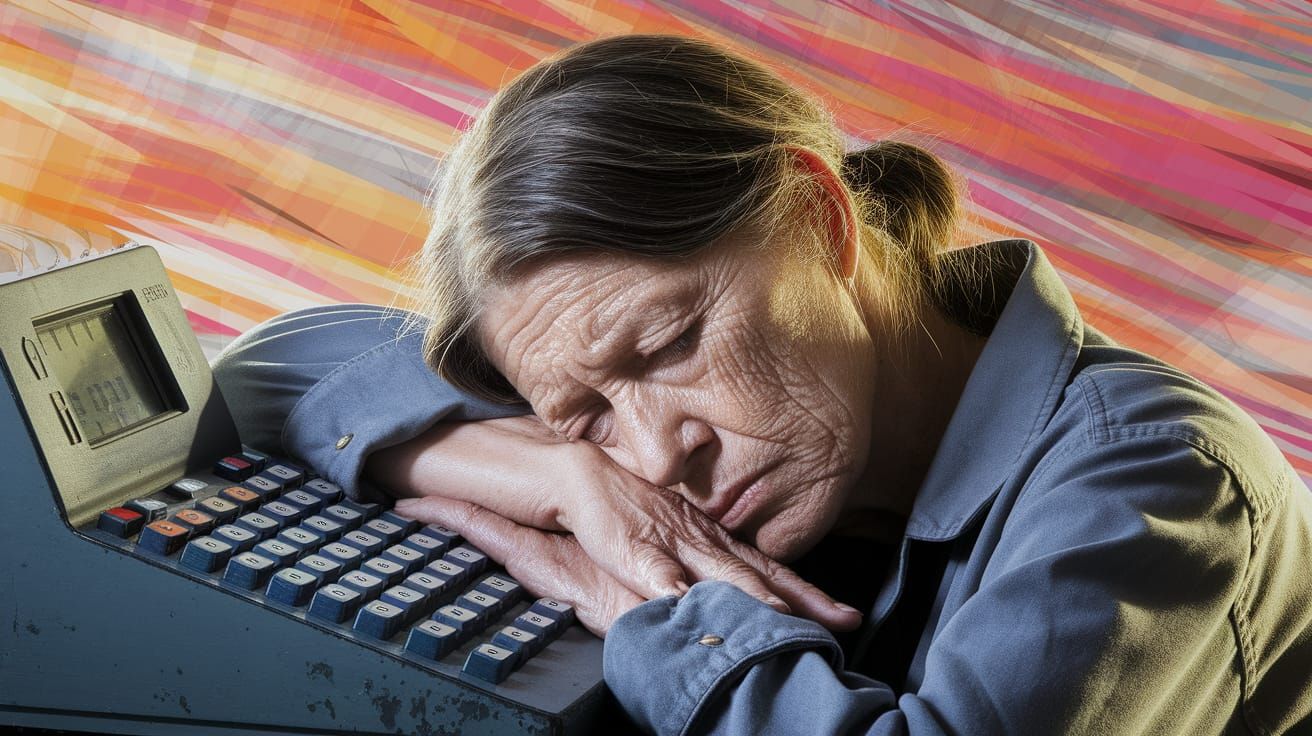 Weary Factory Worker Leans Against Vintage Key Pun... - AI Art