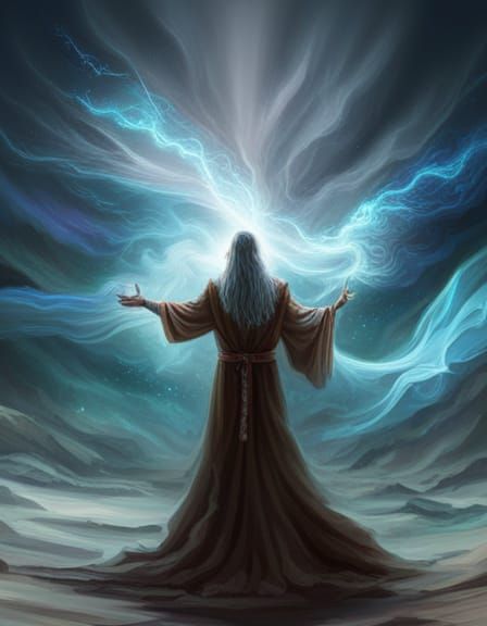 full body, wizard with lightning coming from finger tips, holding small ...