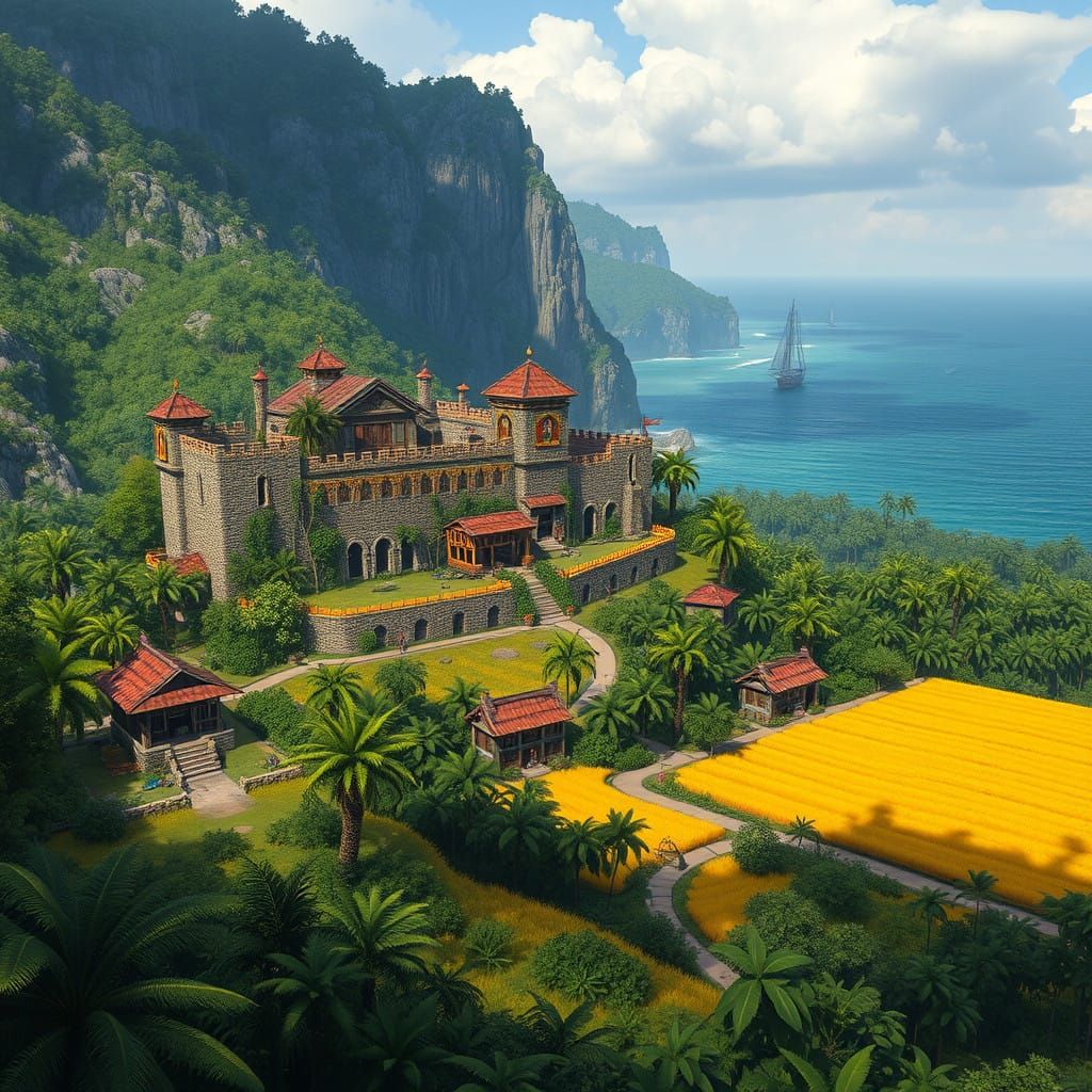 Vibrant Tropical Fort Evergold: A Symbol of Resili... - AI Art