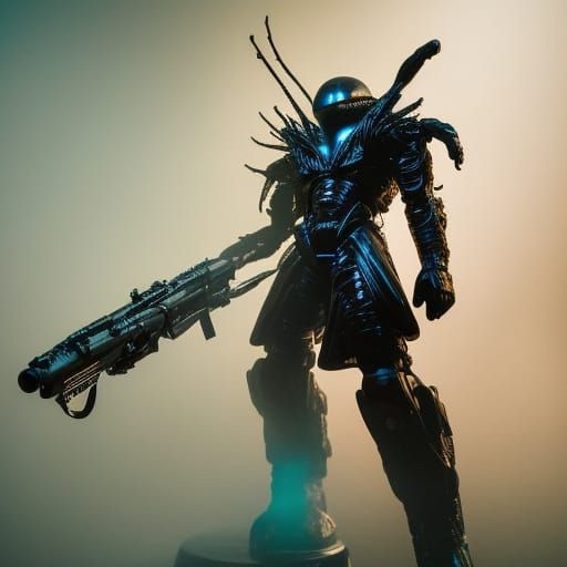 An alien wears a black suit, as he prepares to enter the streets; dark ...