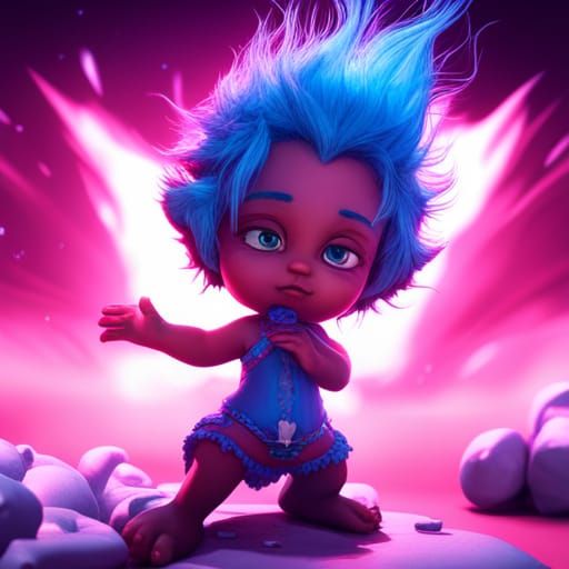 "overdetailed close-up of a furry chibi blue, explosion of pink ...