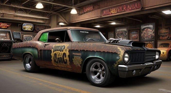 Rat Rod Muscle Car Cruises Through a Giant Pinball... - AI Art