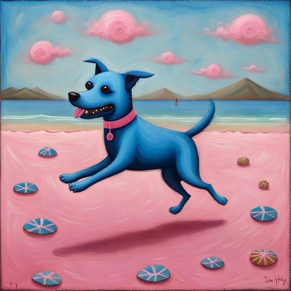 A happy blue dog running on the pink beach in art brut style by Duy ...