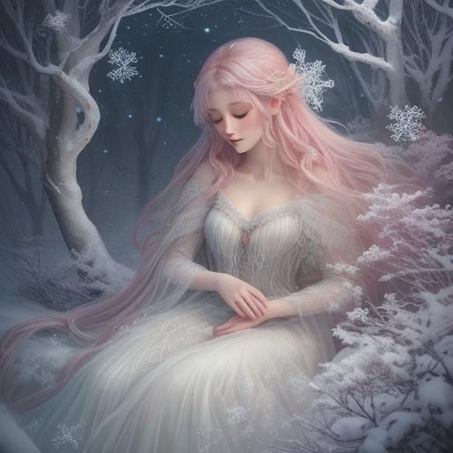 Fae Maiden - Ethereal Fae Maiden in a Snowy Forest Night Sc...