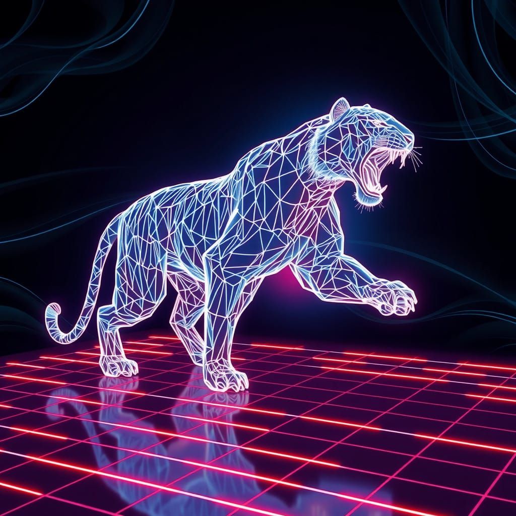 Create an image using a hologram wireframe model of a Siberian tiger ...