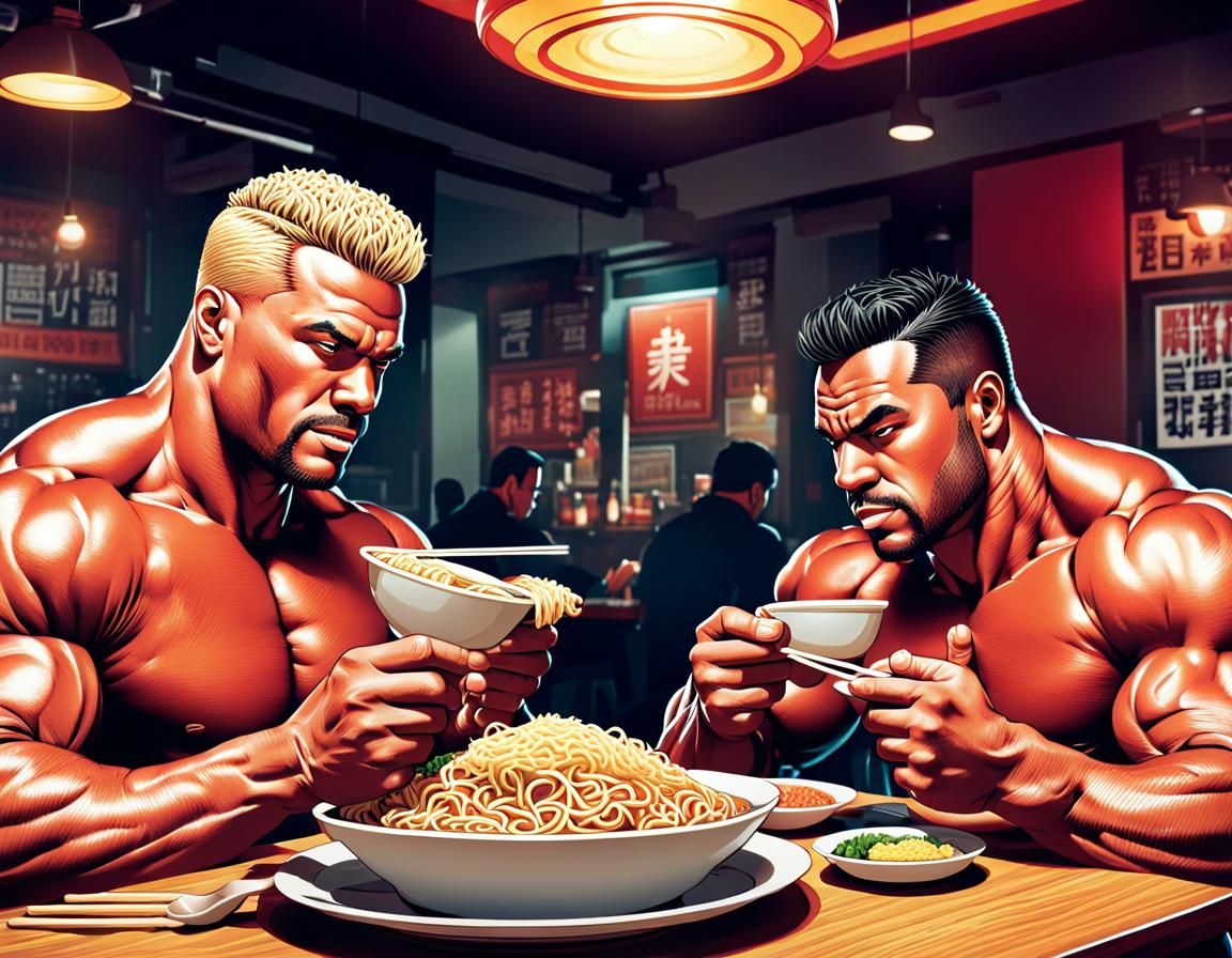 Two huge bodybuilders enjoying ramen together. - AI Generated Artwork ...
