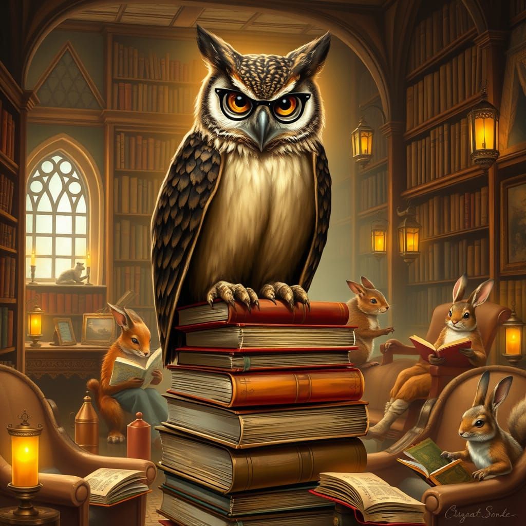 The librarian - Wise Owl Librarian Surveys Cozy Animal Libra...