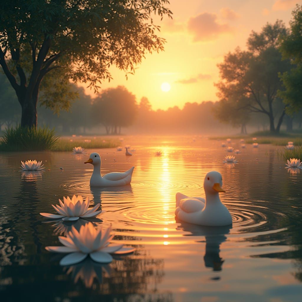 Beautiful pound - Sunset Pond with Lilies and Ducks in Anim...