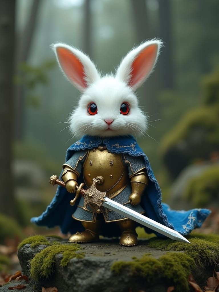 knight - Whimsical White Rabbit Knight in Golden Armor