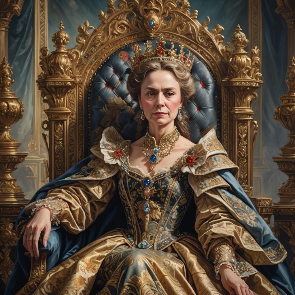 portrait of a majestic queen of the victorian era, seated in a regal ...
