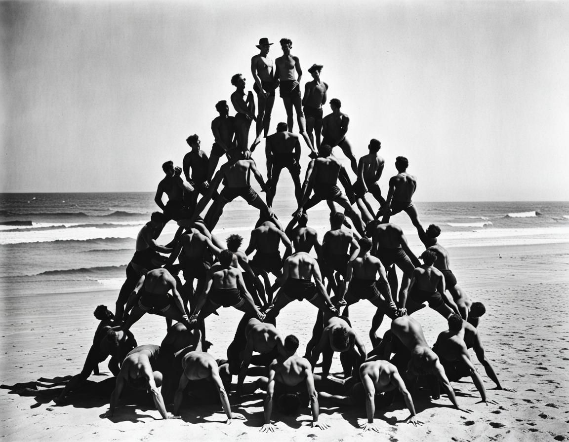 A historical photograph of a men forming a human pyramid on he beach ...