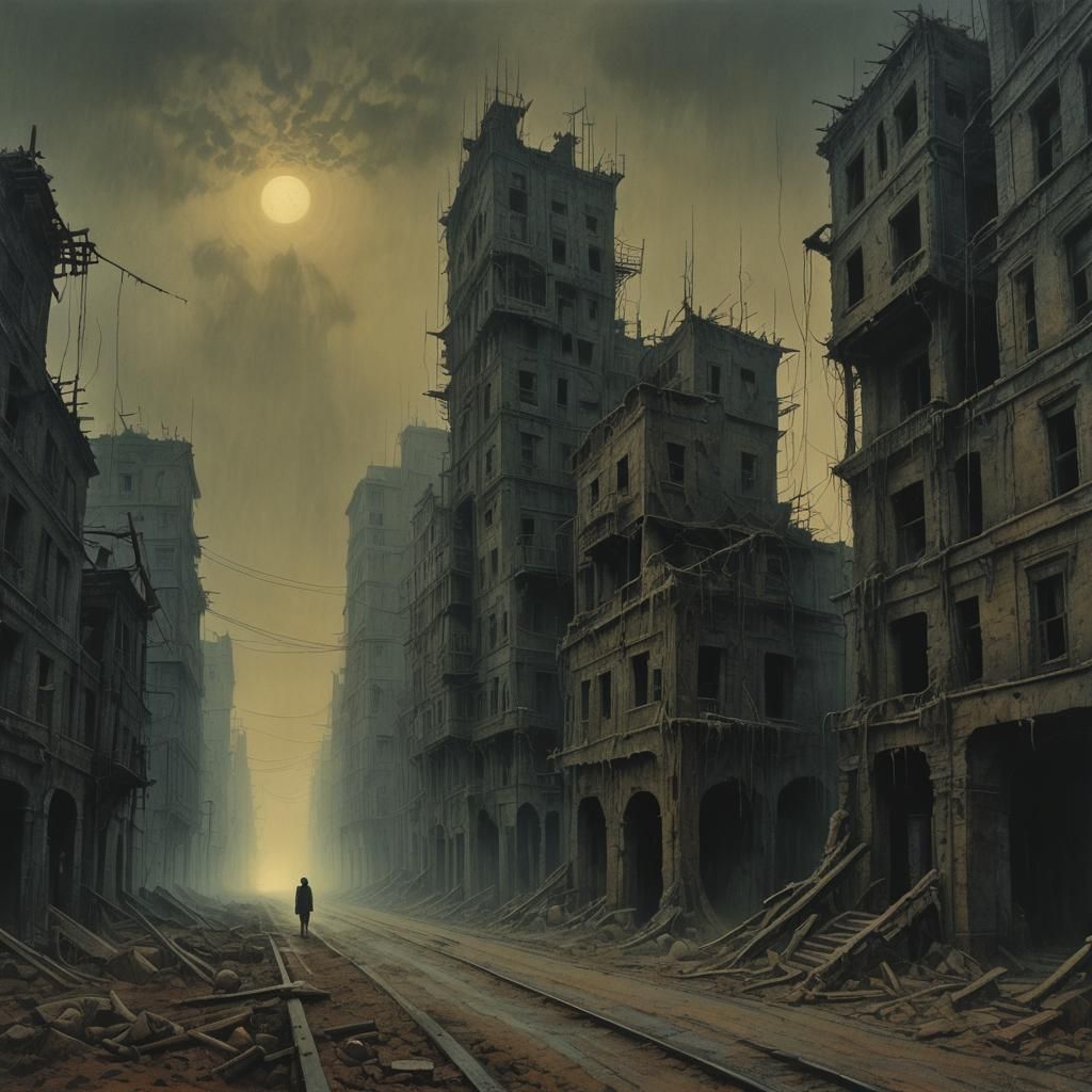 Art by Zdzisław Beksiński, dystopian cityscape, post-apocalyptic world ...