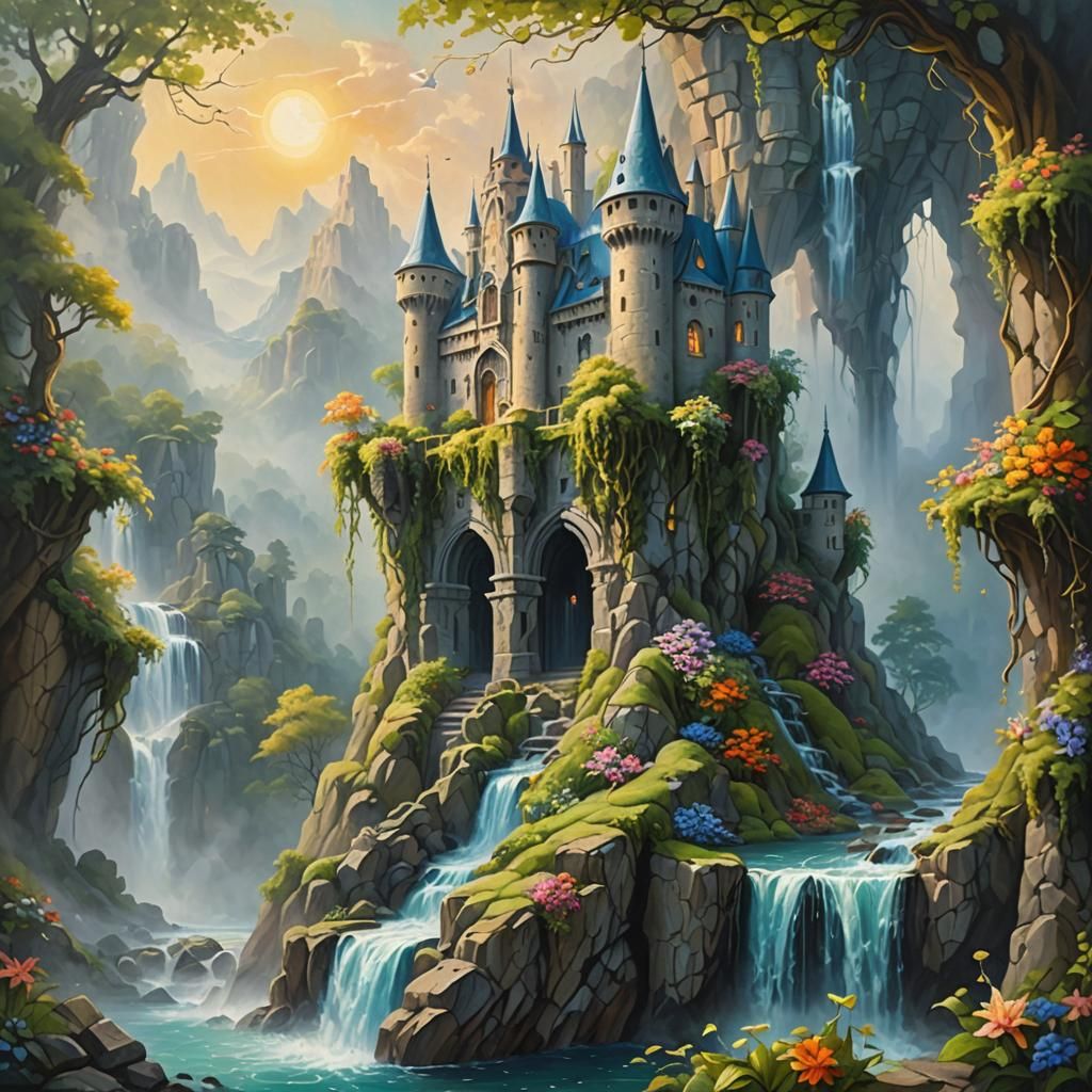 Waterfall Castle - AI Generated Artwork - NightCafe Creator