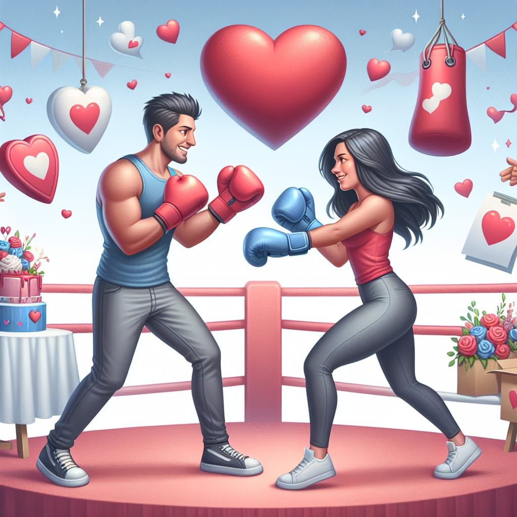 A love couple is boxing the valentine game, cartoonized style, clean ...