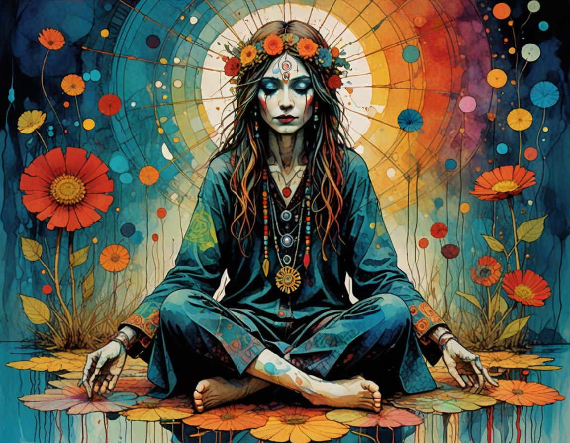 Ethereal Hippie Goddess in Art Brut Style - AI Art