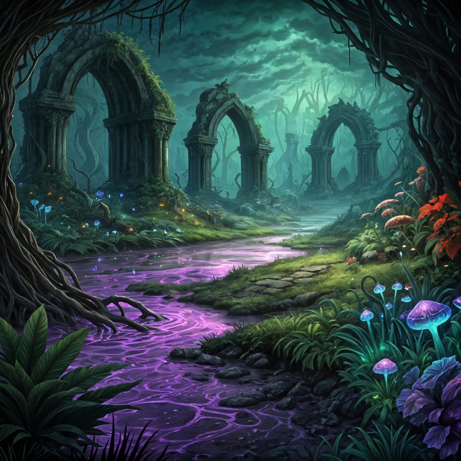 Corrupted Feywild Swamp with Unseelie Influence - AI Art