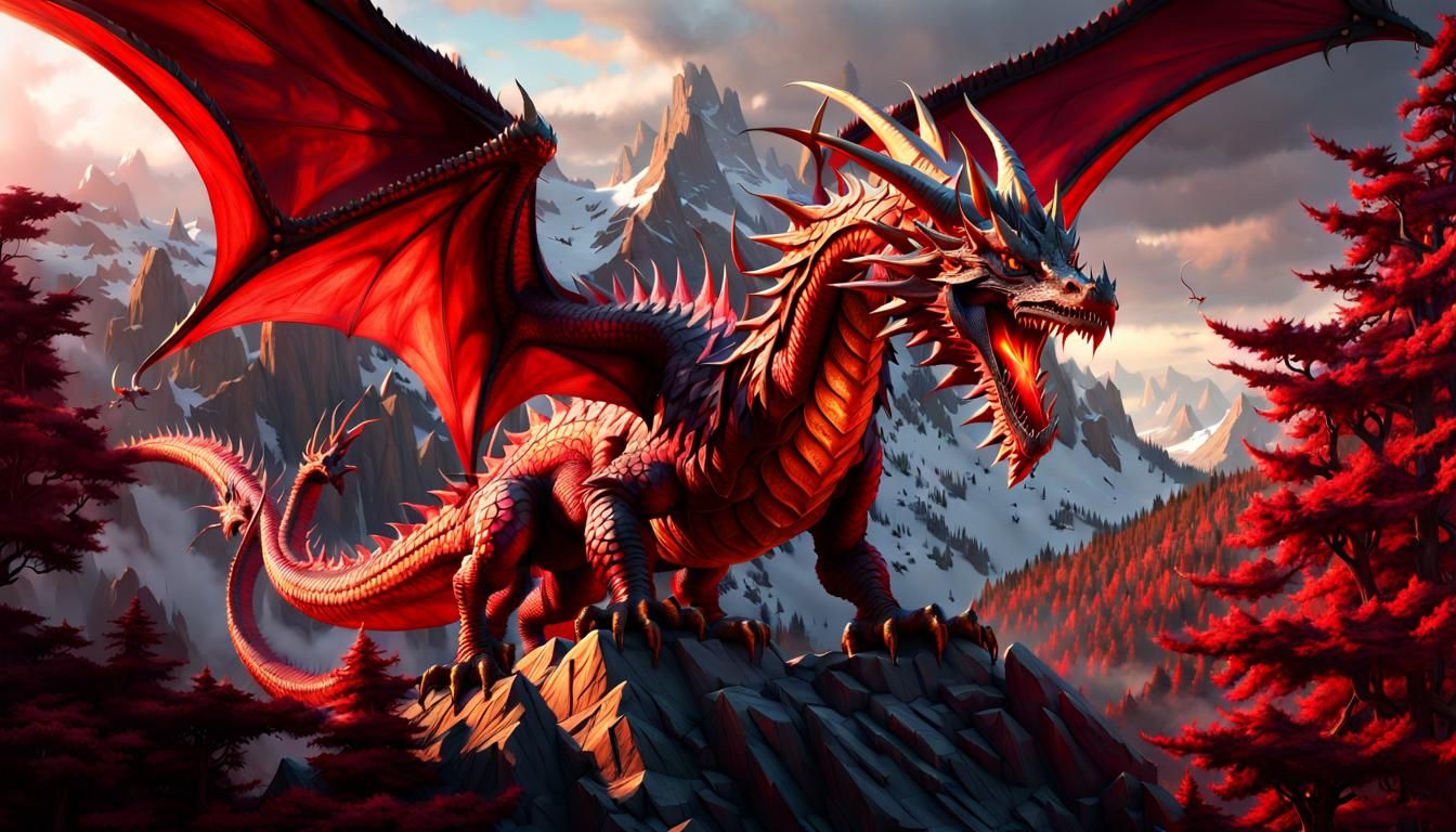 a Furious dragon in crimson color, roaring, spread the wings, stand on ...