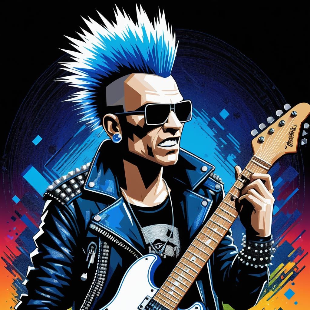 Pixel Art Rocker with Blue Mohawk and Silver Guita... - AI Art