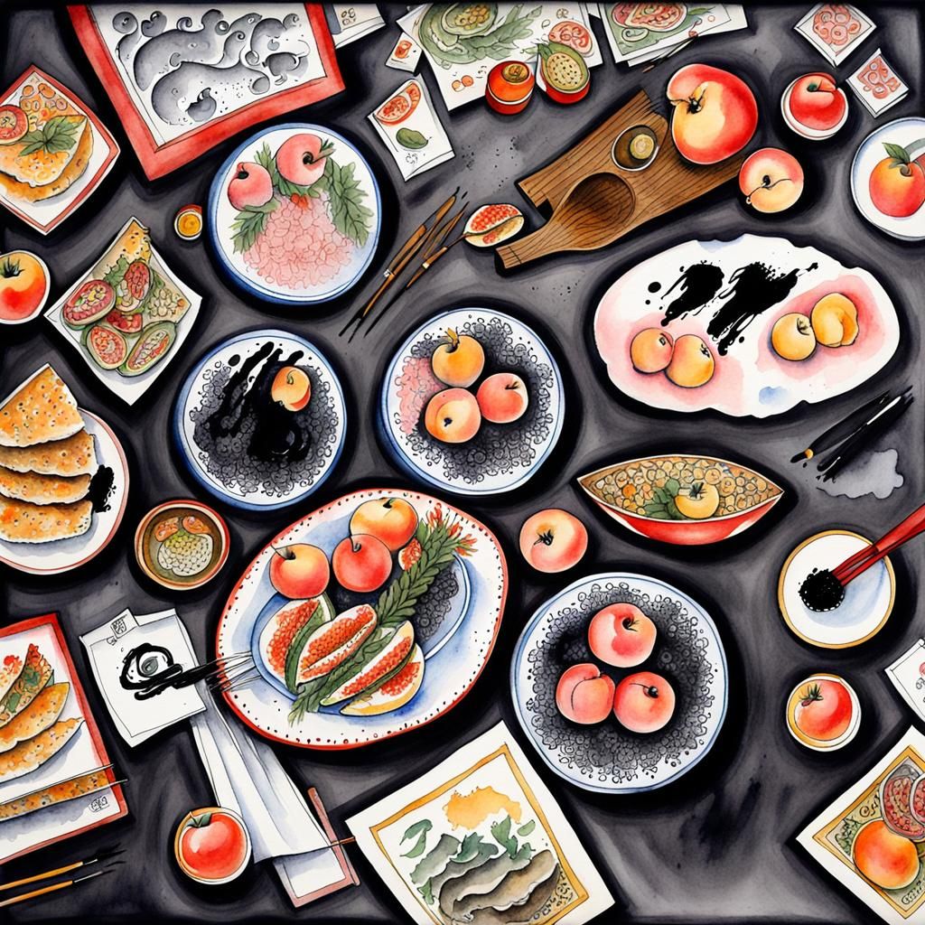 ink drawing + still life + watercolor + dessart + food + oriental folk ...