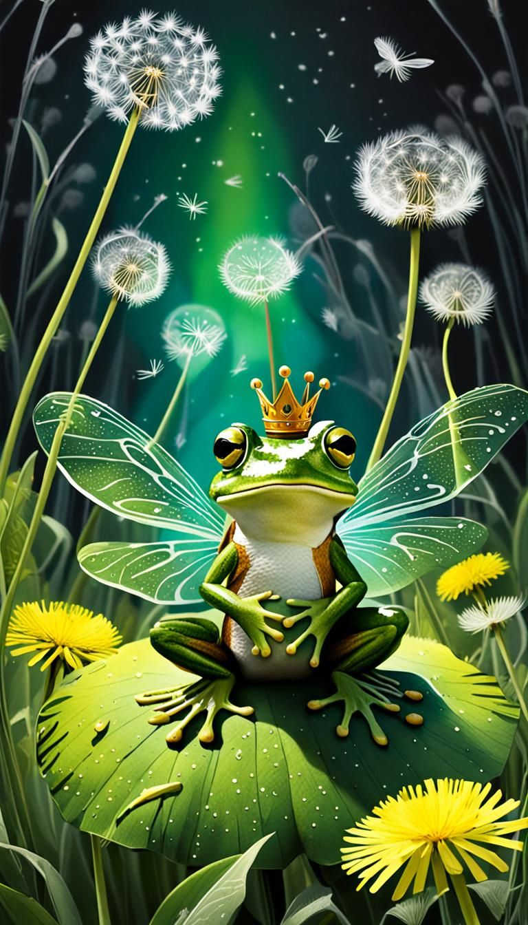A vivid representation of a joyful green crowned frog prince with fairy ...