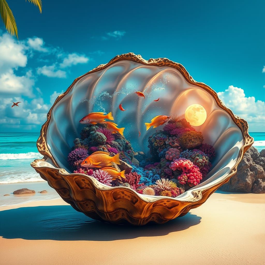 Fantasy Oyster Shell World Unfolds on Tropical Bea... - AI Art