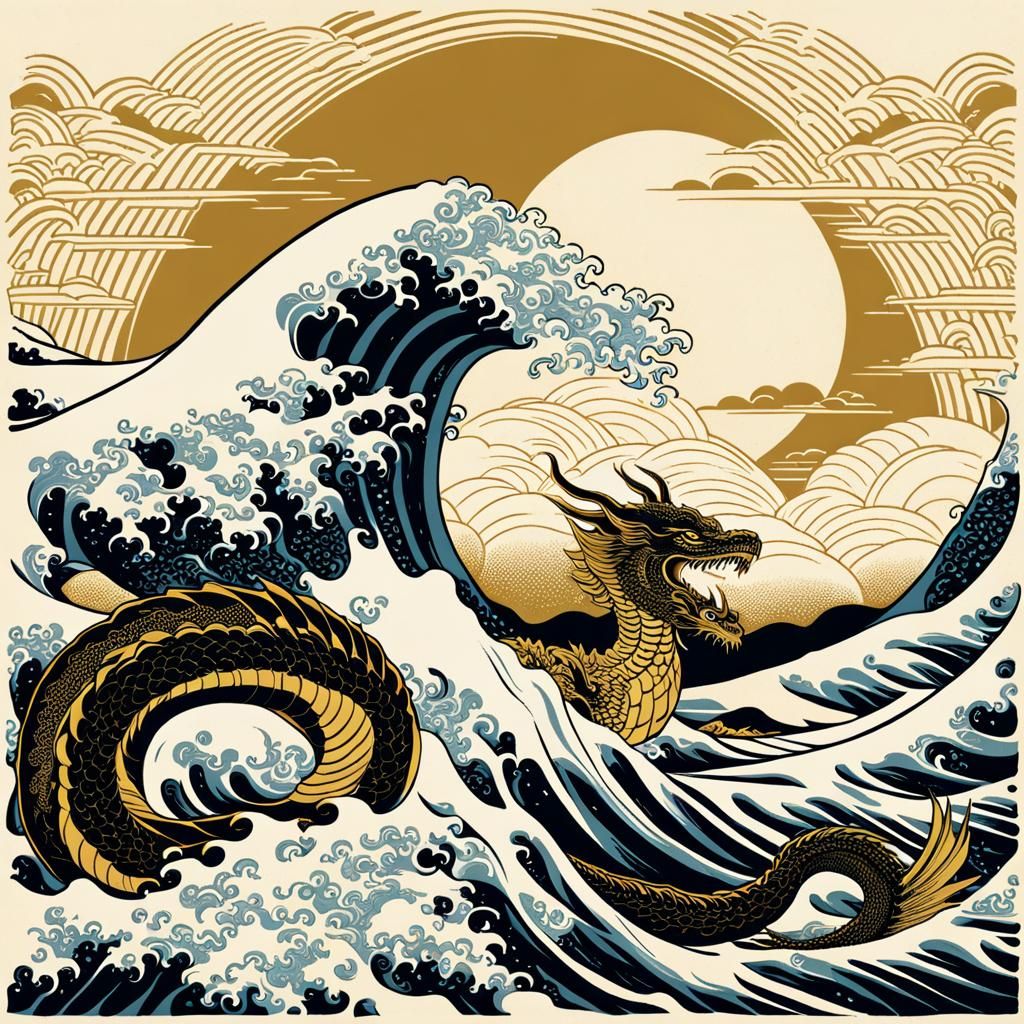 vintage retro Illustration of the Japanese Great wave of Kanagawa, with ...