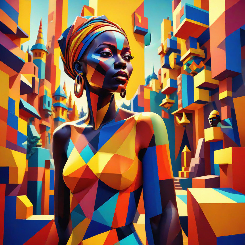African woman - Vibrant Cubist Scene of African Griot