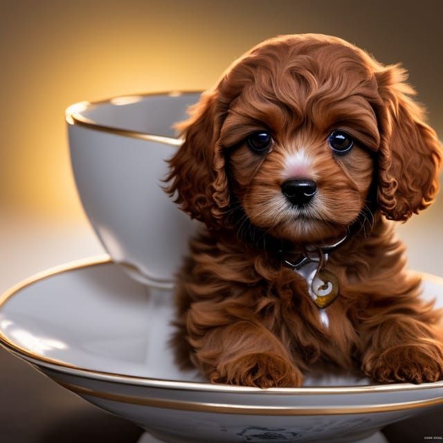 "adorable cavapoo puppy in a teacup, big eyes, soft, large fluff, tiny ...