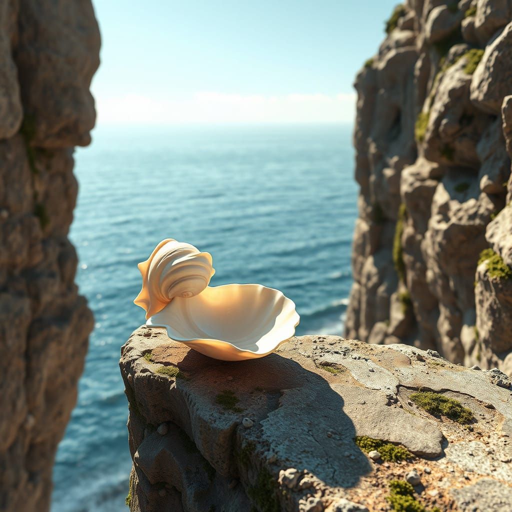 Ethereal Conch Shell on Cliff Edge in Vibrant 8K 3... - AI Art